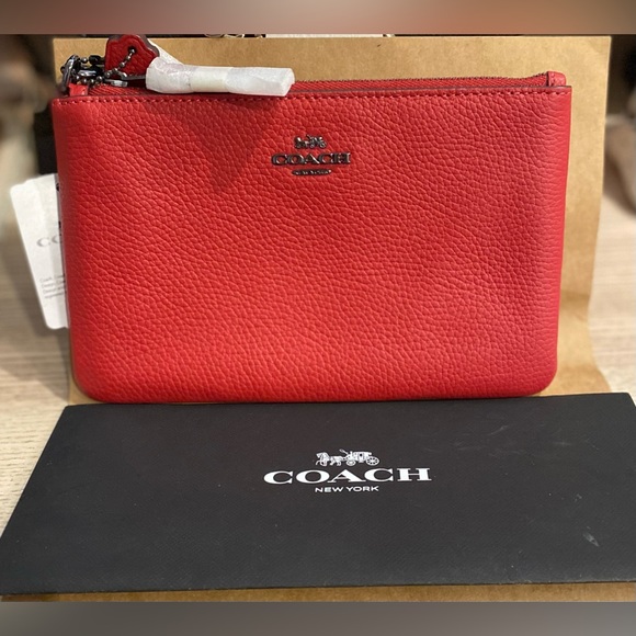 Coach | Bags | Coach Polished Pebble Leather Wristlet Red Nwt | Poshmark